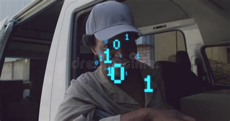 Animation Of Binary Codes Over Smiling African American Woman Sitting In Vehicle At Warehouse