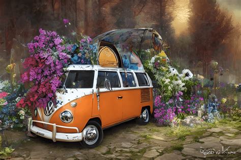 Volkswagen Bus Hippie Style 1968 Flowers Power 3d Art Watercolors