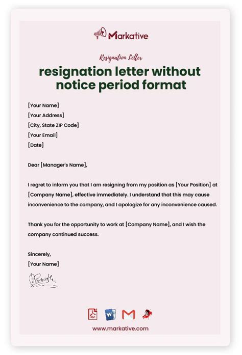 Sample Resignation Letter Without Notice Period 8 No Pdf Word Templates