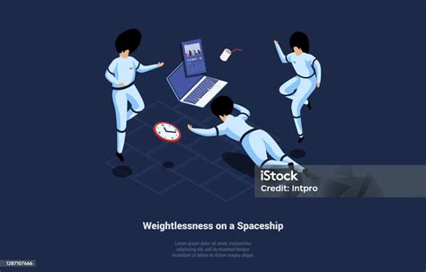 만화 3d 스타일에서 등소 벡터 일러스트레이션 어두운 배경에 우주선 의 글에 무중력 공간 개념에 대한 구성 인포그래픽으로 노트북 주위에 떠있는 세 명의 우주 비행사 검사