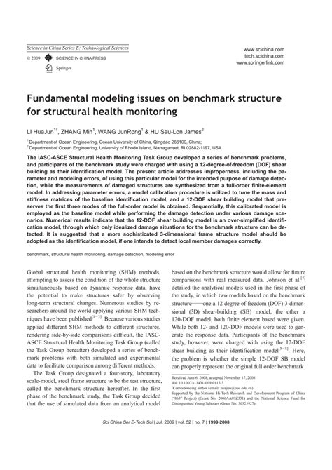 Pdf Fundamental Modeling Issues On Benchmark Structure For Structural Health Monitoring