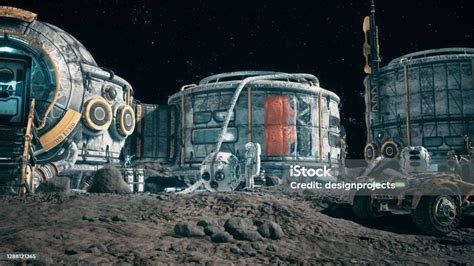 달 의 표면 달 식민지와 달 탐사선 옆에 있는 달 기지에서 일하는 우주 비행사의 전경 3d 렌더링 달 표면에 대한 스톡 사진 및