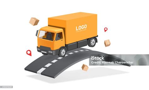 배달 및 온라인 쇼핑 개념 화물 노란색 트럭이 도로를 주행하고 소포 상자 또는 골판지 상자 모든 빨간색지도가 공중에 떠 있고 물류 설계를 위해 벡터 3d가 분리되어 있습니다