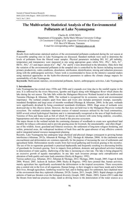 The Multivariate Statistical Analysis Of The Environmental Pollutants At Lake Nyamagoma Pdf