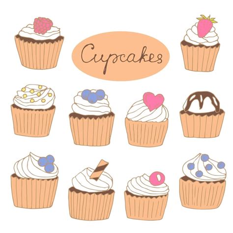 Cupcakes Instellen Vector Illustratie Hand Tekenen Doodles Gekleurd