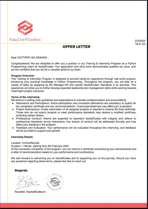 Internship Pythonprogramming Vaultofcodes Learningandgrowth Sai