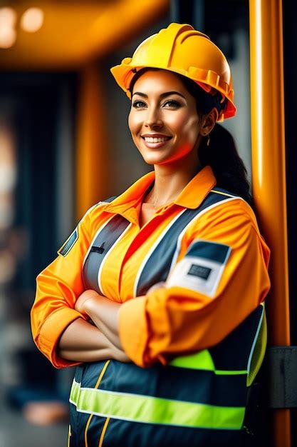 Premium Ai Image Engineer Smart Young Cute Brunette Girl Civil Worker In Helmet And Vest Very