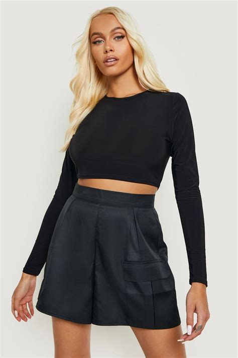 Womens Black Slinky Double Layer Long Sleeve Crop Boohoo Uk