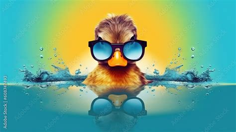 A Duck Wearing Sunglasses Floating In The Water With A Splash Of Water