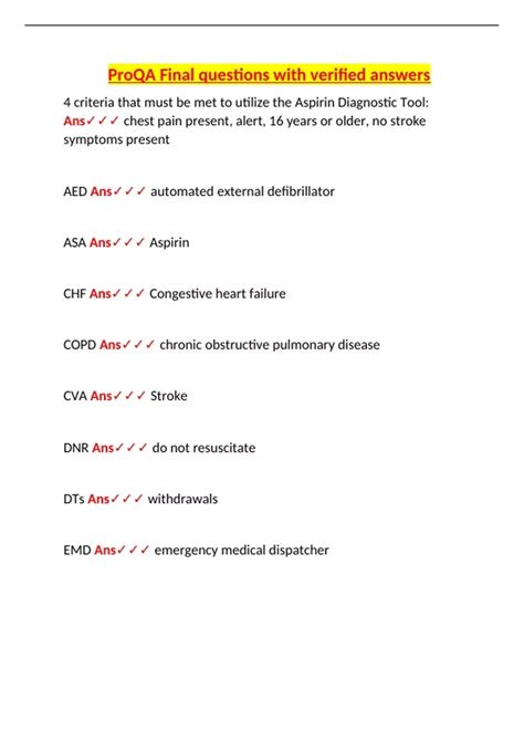 Proqa Final Verified Questions And Answers On Ems Dispatch Protocols And Medical Acronyms
