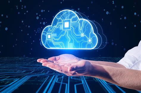 Premium Photo Close Up Of Male Hand Holding Hologram Glowing Cloud Hologram Cloud Computing