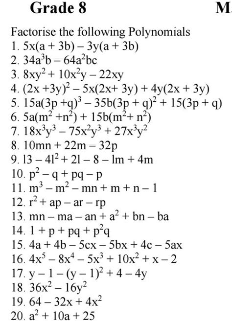 Grade 8 Factorise The Following Polynomials 1 5xa3b−3ya3b 2 34a3