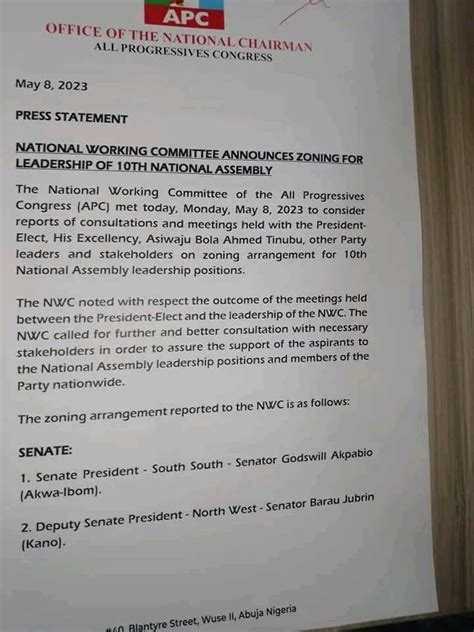 Breaking Apc Nwc Releases Zoning Formula For National Assembly