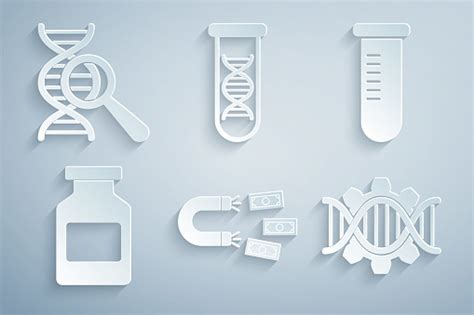 돈 시험관 또는 플라스크 약병 유전 공학 Dna 연구 검색 및 아이콘으로 자석을 설정하십시오 벡터 종이에 베인 상처에 대한 스톡