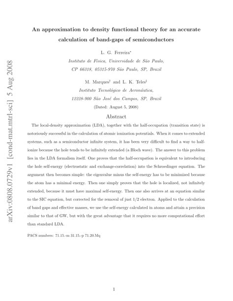 Pdf Approximation To Density Functional Theory For The Calculation Of Band Gaps Of Semiconductors