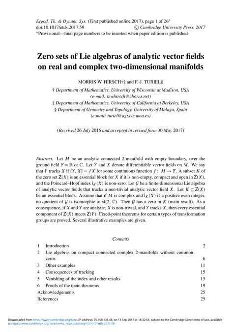 Pdf Zero Sets Of Lie Algebras Of Analytic Vector Fields On Real And