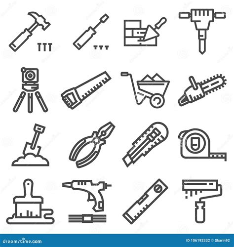 Vector Set Of Modern Thin Outline Construction Working Tools And Industrial Items Stock