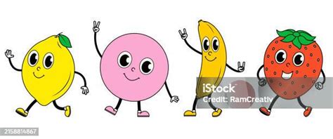 어린이 만화 스타일의 여름 과일입니다 귀여운 캐릭터 레몬 딸기 바나나 감정에 대한 스톡 벡터 아트 및 기타 이미지 감정 강렬하고 밝은 색상 건강한 생활방식 Istock