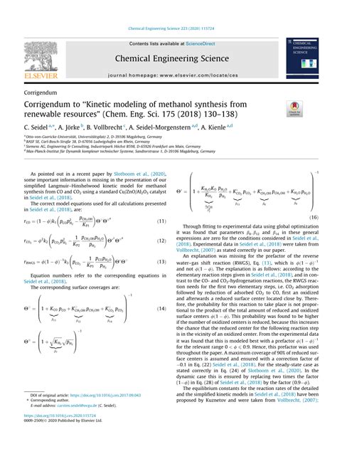 Pdf Corrigendum To ”kinetic Modeling Of Methanol Synthesis From Renewable Resources” Chem