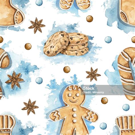 파란색 얼룩 배경에 다양한 진저 브레드 쿠키세트가 있는 수채화 매끄러운 패턴 12월에 대한 스톡 벡터 아트 및 기타 이미지 12월 개체 그룹 겨울 Istock