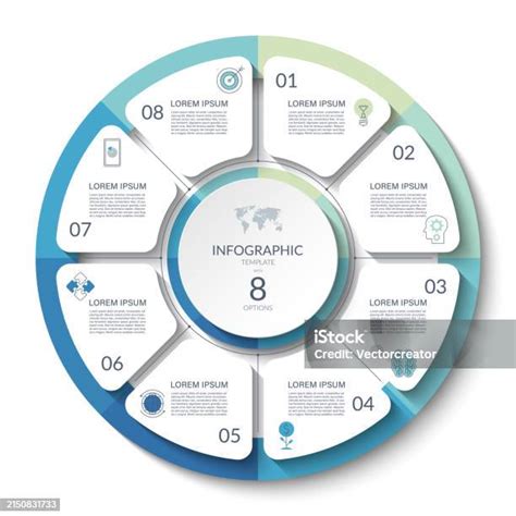 8단계 옵션 부품이 있는 인포그래픽 원 프로세스 차트 사이클 다이어그램 프리젠 테이션 보고서 브로셔 웹 데이터 시각화를위한 벡터 템플릿 8에 대한 스톡 벡터 아트 및 기타