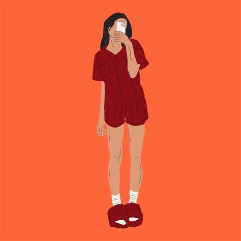 잠옷에 Selfie를 복용 하는 아름 다운 젊은 여자 손으로 그린 벡터 일러스트 레이 션 만화 스타일입니다 프리미엄 벡터