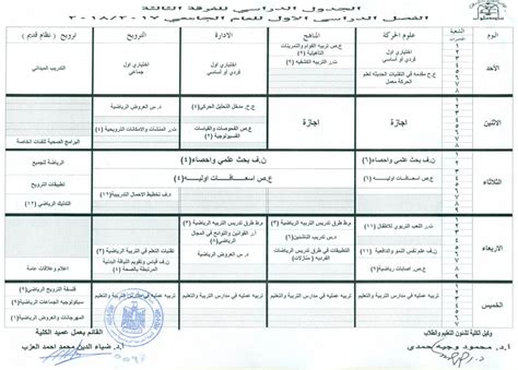 الجدول الدراسى التيرم 1 للعام الجامعى 20172018 كليه التربيه الرياضيه
