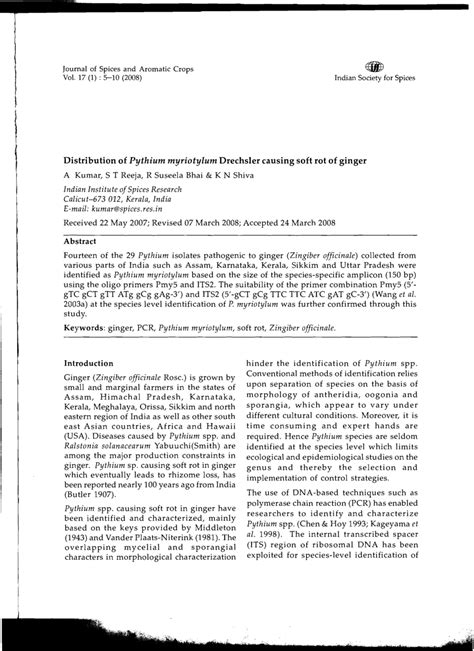 Pdf Distribution Of Pythium Myriotylum Drechsler Causing Soft Rot Of Ginger