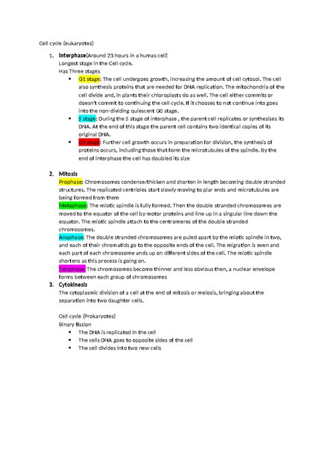 Cell Cycle Summary Summarry Of Biology Cell Cycle Eukaryotes 1