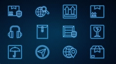 세트 라인 판지 골판지 상자 깨지기 쉬운 깨진 유리 이면이 위로 봉투 헤드폰 방패가있는 배달 팩 보안 및 확대 지구 아이콘 벡터 검색에 대한 스톡 벡터 아트 및 기타 이미지