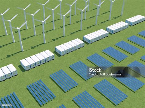 하이브리드 재생 에너지 시스템 풍력 터빈 농장 배터리 에너지 저장 컨테이너 및 친환경 발전 지속 가능성 개념 3d 렌더링 일러스트레이션 마이크로그리드에 대한 스톡 사진 및