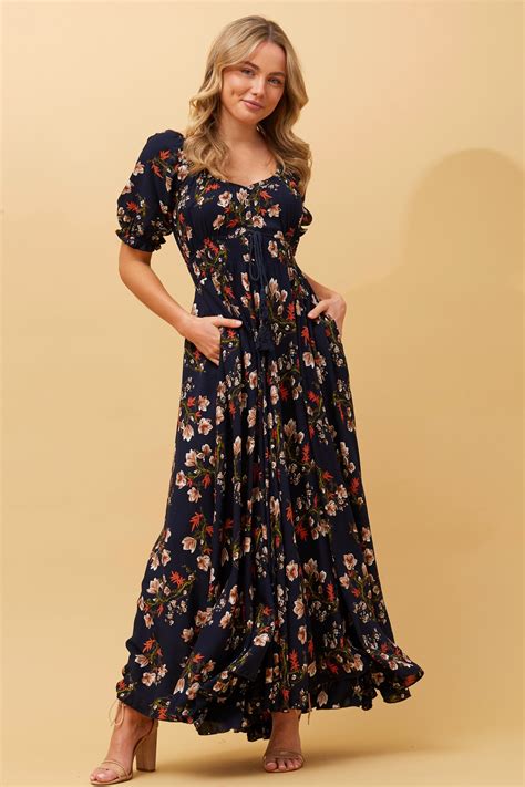 Molly Floral Boho Maxi Dress Multi Navy D509215 Emmi Fashion