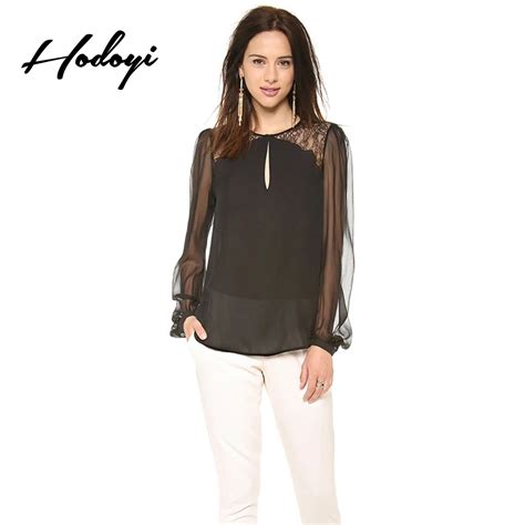 Hodoyi Fashion Solid Color Women Shirts Long Sleeve O Neck Lace