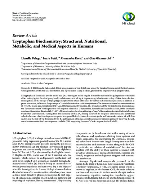 Pdf Tryptophan Biochemistry Structural Nutritional Metabolic And Medical Aspects In Humans