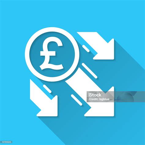 Pound Decrease Icon On Blue Background Flat Design With Long Shadow
