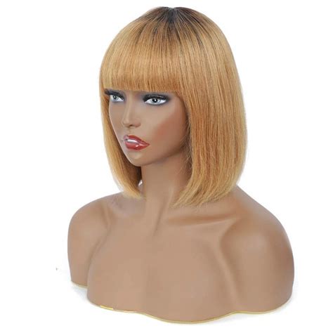 Short Straight Wig Light Brown Bob Wig With Bangs
