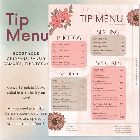 Editable Tip Menu Of Onlyfans Tip Menu Fansly Tip Menu Adults Tip