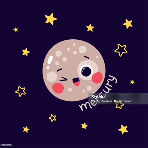 진한 파란색 배경에 캡션과 별이 있는 행성 수성 캐릭터의 귀여운 벡터 그림 감정에 대한 스톡 벡터 아트 및 기타 이미지 감정
