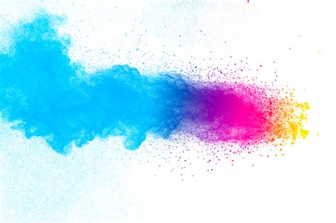 멀티 컬러 파우더 폭발 흰색 배경에 고립입니다 흰색 바탕에 색된 먼지 시작 구름입니다 배경에 화려한 입자를 시작 했다 그려진된 Holi 축제에 검은색에 대한 스톡 사진 및