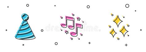 Set Party Hat Music Note Tone And Firework Icon Vector Stock Vector