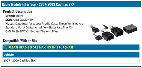 2007 2009 Cadillac Srx Radio Module Interface Metra Axdi Glmln29