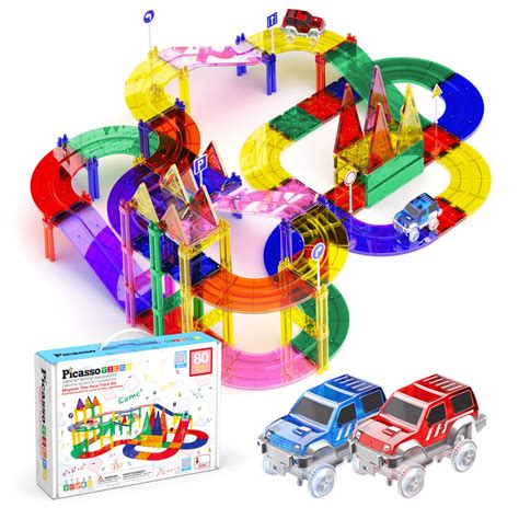 Picassotiles 80pc Race Car Track Magnetic Tiles Building
