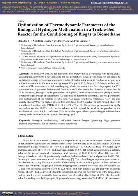 PDF Optimization Of Thermodynamic Parameters Of The Biological Hydrogen Methanation In A