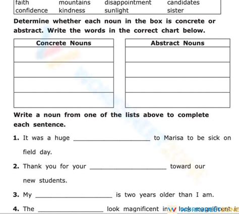 Concrete Vs Abstract Nouns Worksheet
