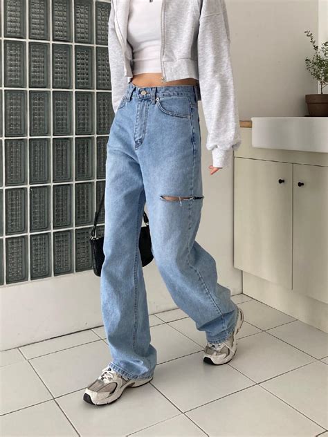 찢청 와이드 연청 데님 일자핏