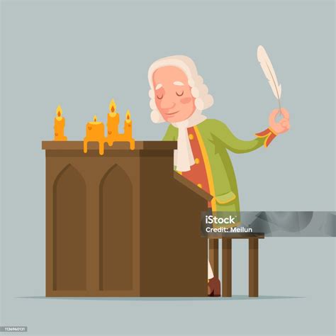 연대기 귀족 작가 스크라이브 플레이 라이트 중세 귀족 페리가 발 펜 음악 스탠드 스크롤 촛불 마스코트 만화 디자인 벡터 일러스트 레이 션 가발에 대한 스톡 벡터 아트 및