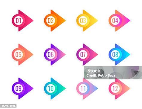 흰색 배경에 슈퍼 설정 화살표 총알 포인트 삼각형 플래그 1에서 12까지의 숫자가있는 다채로운 그라데이션 마커 현대 벡터 일러스트레이션 1에 대한 스톡 벡터 아트 및 기타
