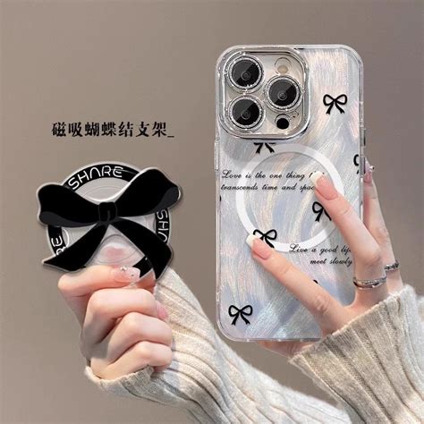 藍色 蝴蝶結 自帶 鏡頭膜 磁吸 支架手機殼 適用iphone16 15 14 Pro Max 13 12 11保護殼 蝦皮購物