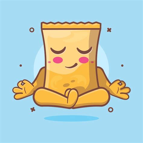 요가 명상과 진정 스낵 칩 캐릭터 마스코트 포즈 플랫 스타일 디자인에 고립 된 만화 프리미엄 벡터