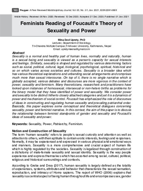Pdf Feminists Reading Of Foucaults Theory Of Sexuality And Power Mina Uprety
